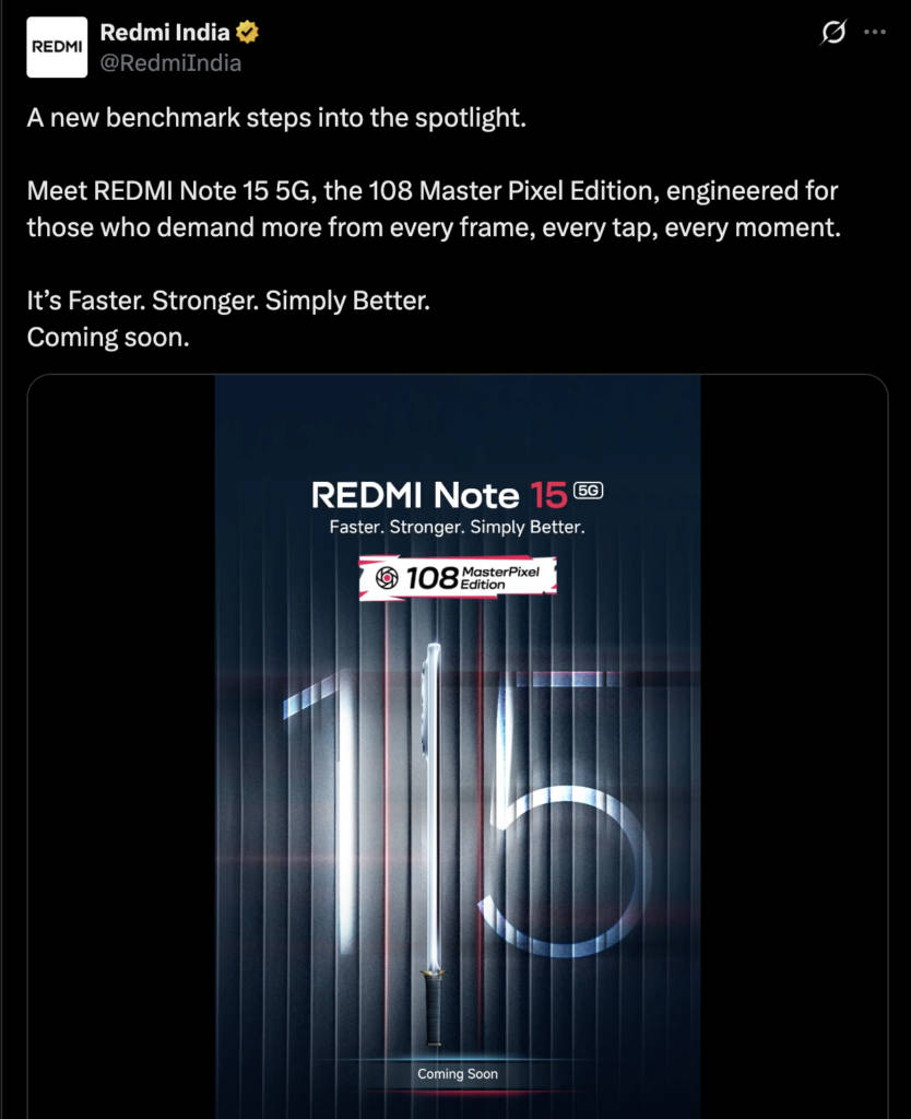 Redmi Note 15 5G 108 Master Pixel Edition to launch in India on January ...