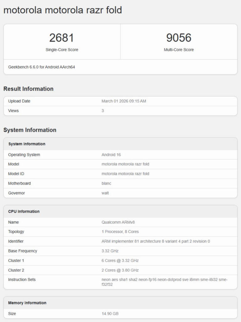 Motorola Razr Fold Geekbench listing confirms Snapdragon 8 Gen 5, price ...