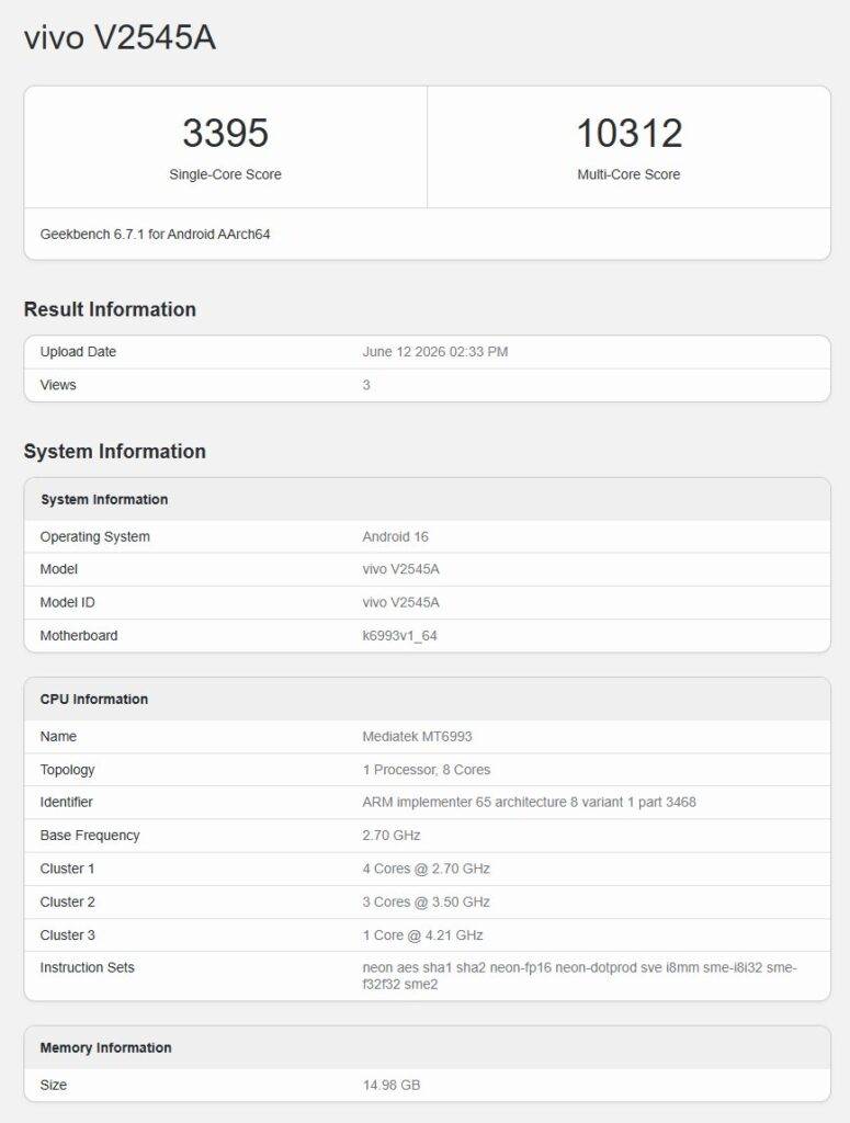 Alleged iQOO Neo 11S spotted on Geekbench with MediaTek Dimensity 9500 SoC